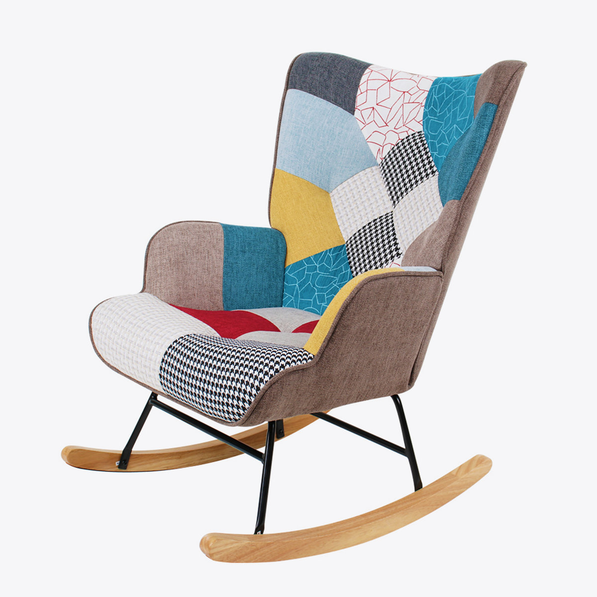 George Oliver Rocking Chair, Fabric Rocker Chair with Wood Legs and Patchwork Linen for ...